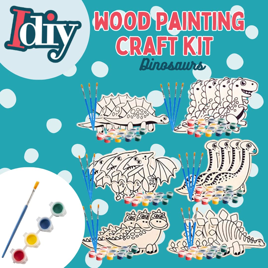 Kids Party Dino Wood Painting Craft Kits (20ct)- Dinosaur Designs- Each Kit Has its Own Brush, Paint, & Figure- Fun, Unique Valentines Party Activity, Favors or Classroom School Projects Gift