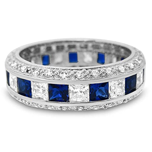 LaRaso & Co His Hers TRIO Wedding Set Sterling Silver Wedding Rings Blue Simulated Sapphire Bridal Set Him Her 14/6