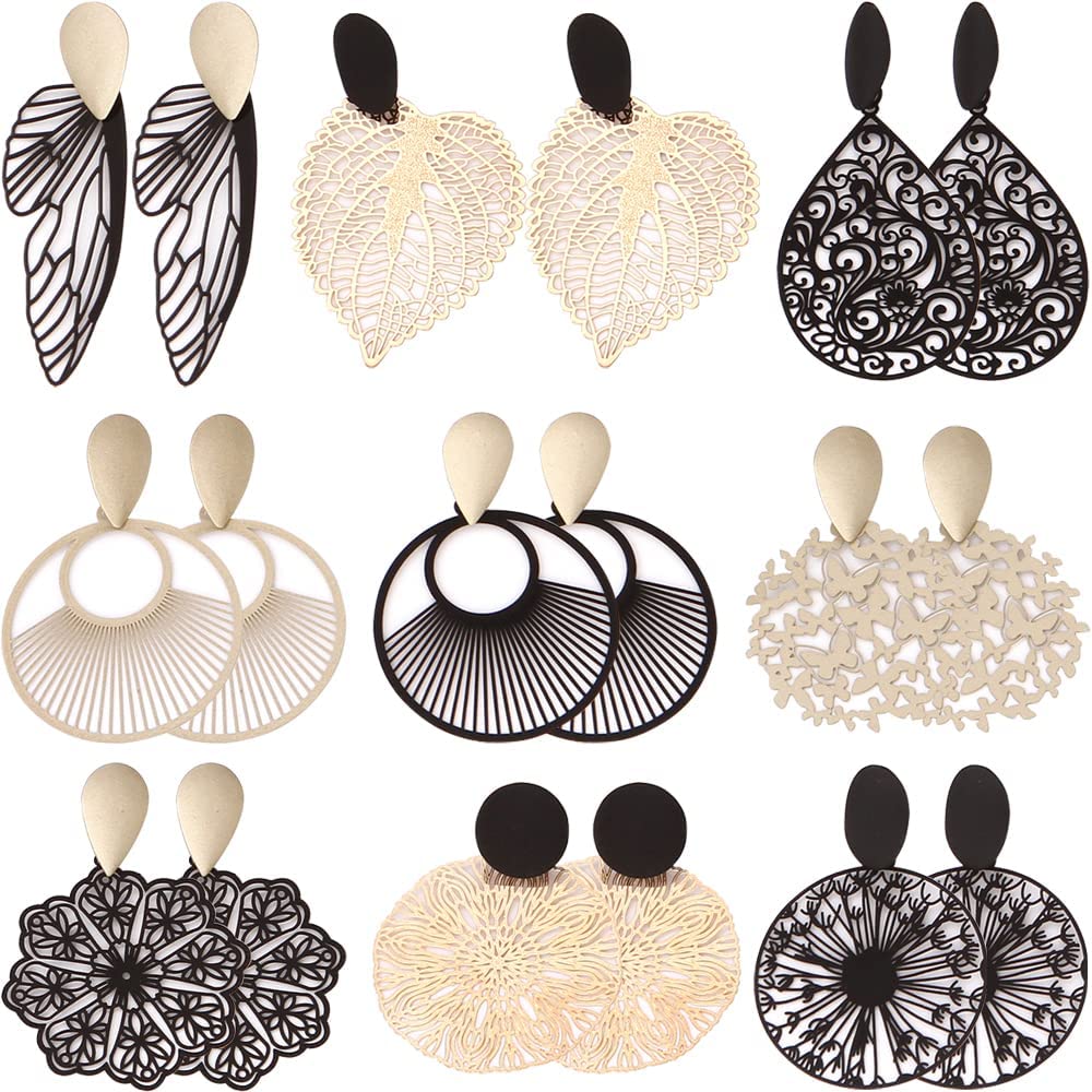 LUSTERMOON 8-9 Pairs Metal Leaf Drop Dangle Earrings Set Bohemian Drop Earrings,Vintage Dangle Earrings Pack for Women Girls (07-9 Pairs)