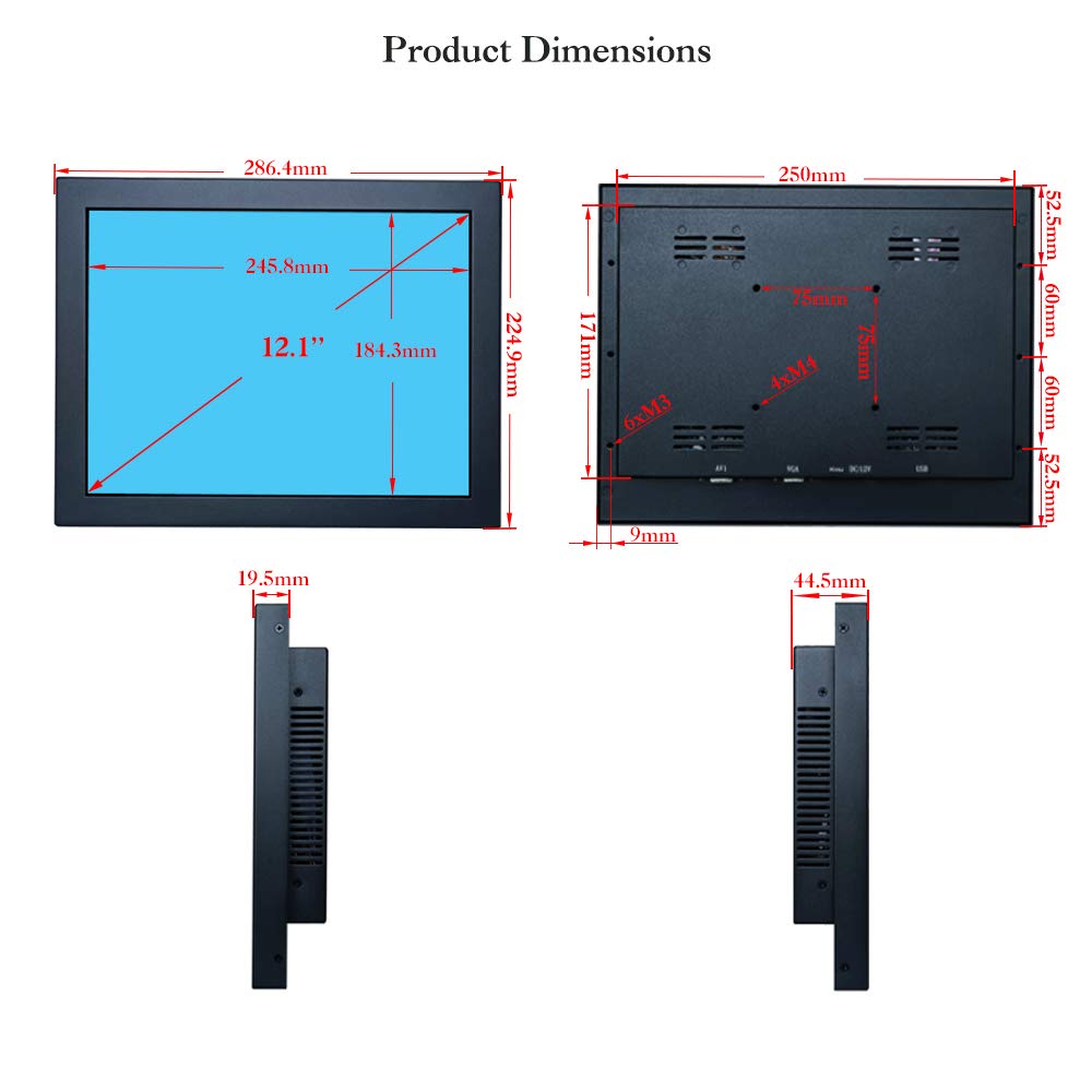iChawk 12.1'' inch Monitor 800x600 Screen Panel 4:3 Positive Screen Metal Shell DVI VGA Dual Video Input Interface Medical Industrial Iron Case SVGA PC Monitor LCD Screen Display W121MN-DV1