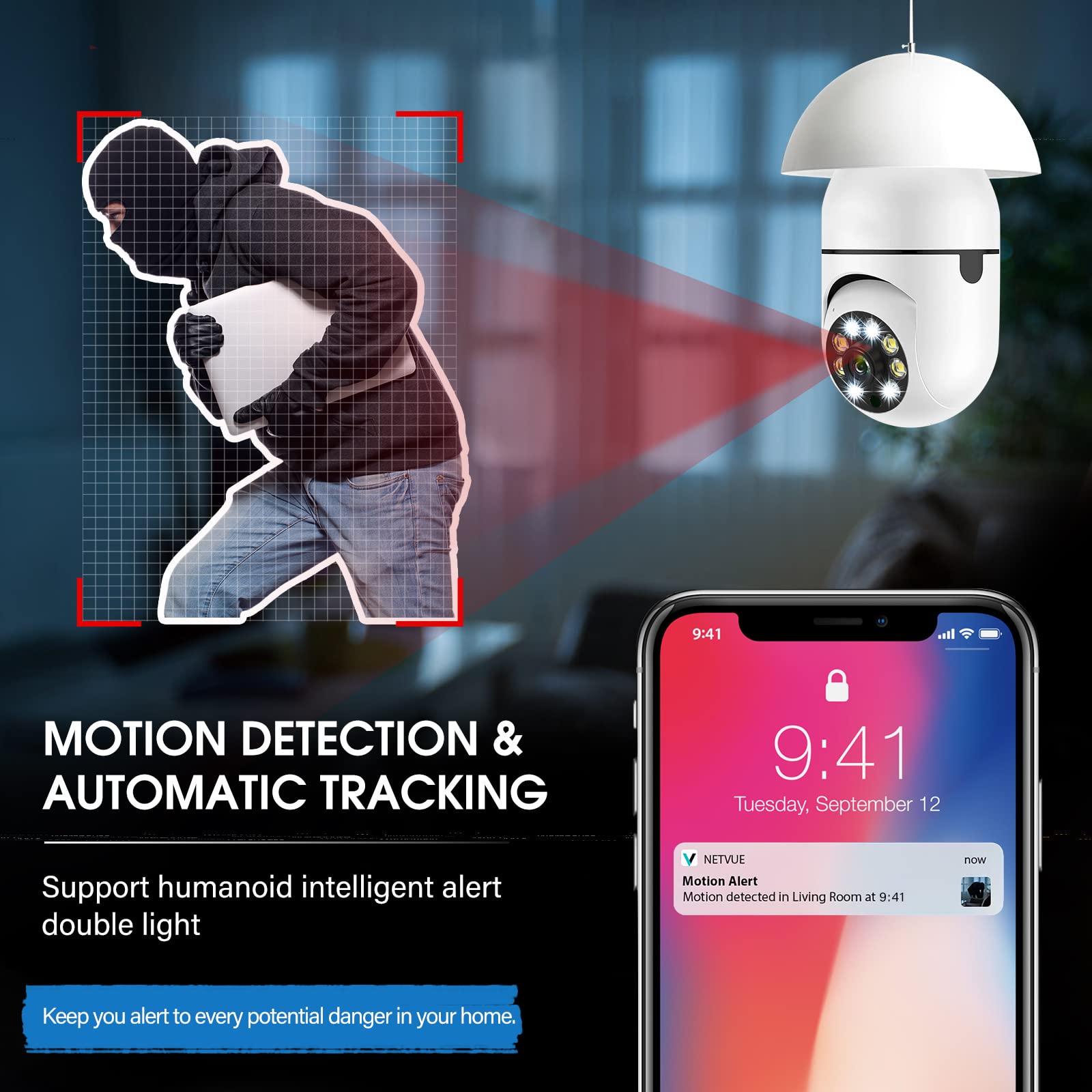Light Bulb Security Cameras Wireless Indoor 355 Degree Pan/Tilt 3MP 1080P Camera Surveillance with Motion Detection Alarm Night Vision Two-Way-Talk Supported 2.4GHz WiFi (Not Compatible 5GHz Wi-Fi)