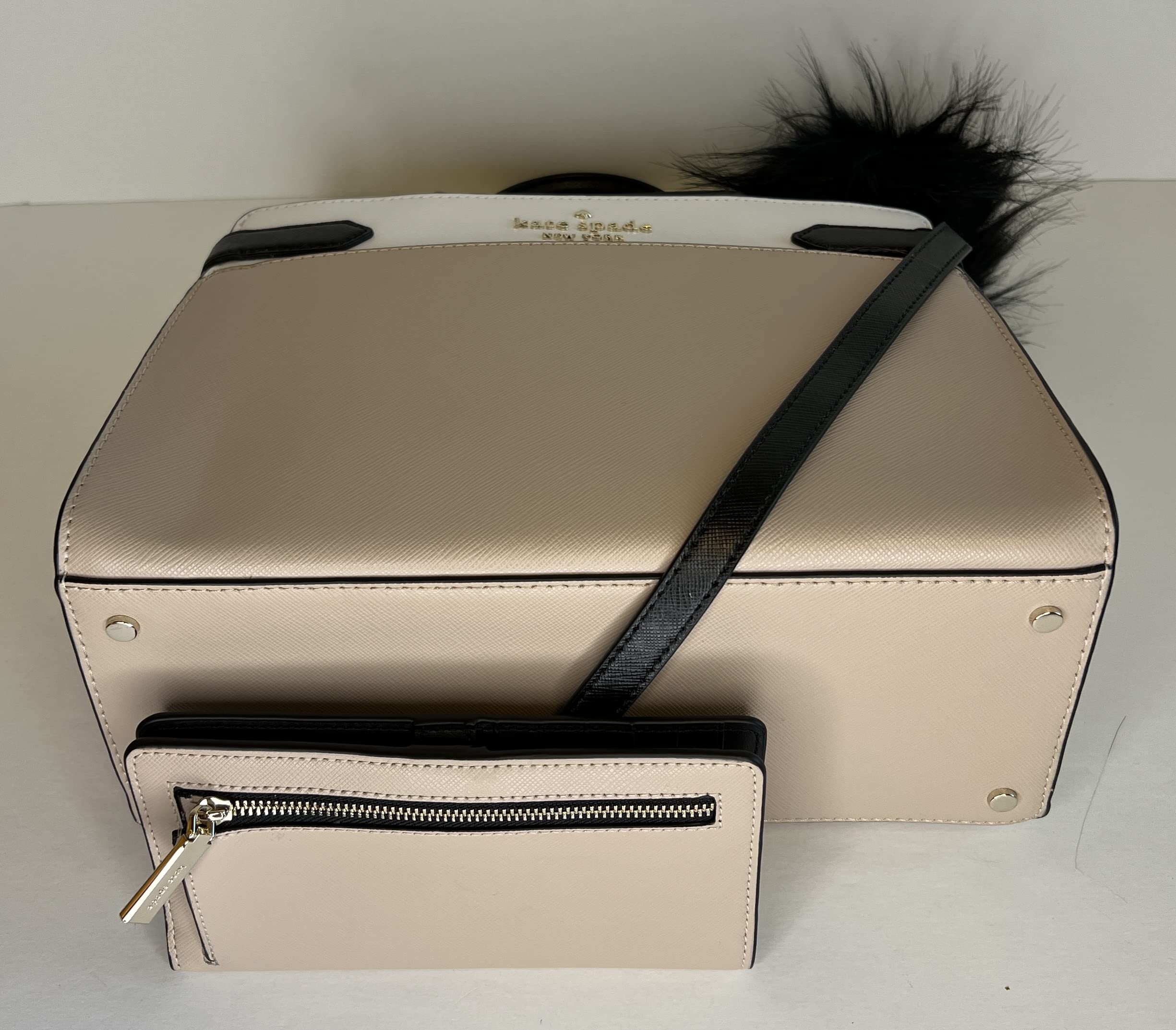 Kate Spade New York Staci MD Satchel bundled with matching Slim Bifold Wallet and Fur Pom (Warm Beige)