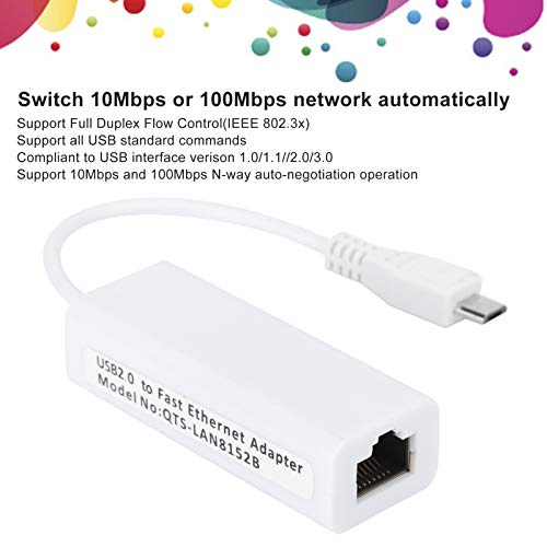 Micro USB to RJ45 Ethernet Adapter, Automatic Switch Half or Full Duplex USB 2.0 Network Card Adapter Gigabit for Linux for Raspberry Pi Zero 1.3/W Motherboard