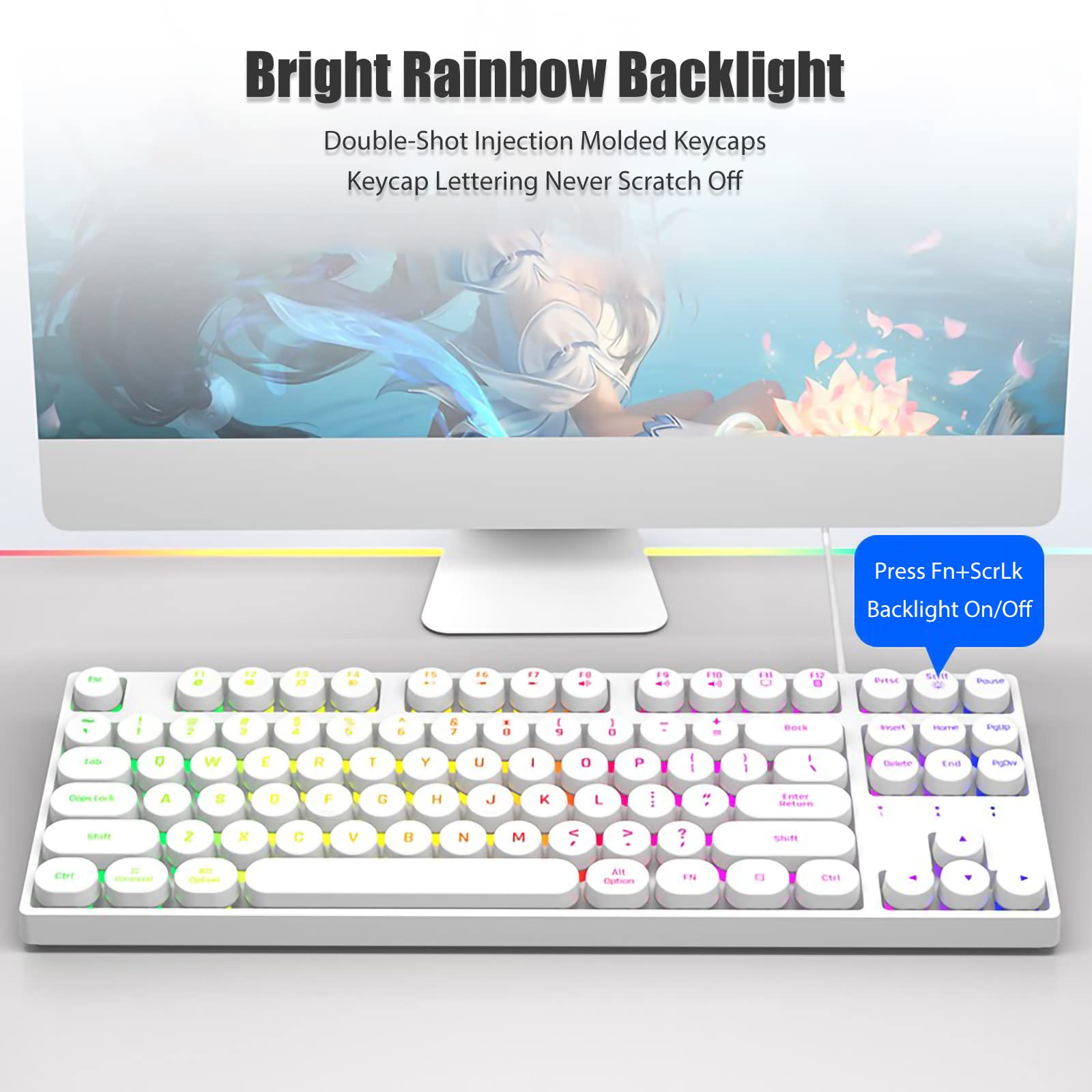 MYKYLIN Cheap Gaming Keyboard Rainbow LED Backlit Typewriter Round Keycap 87-Key Compact Portable Anti-Ghosting Quiet Silent Mechanical Feeling Waterproof Light Up Wired USB for PC/Mac/Laptop, White