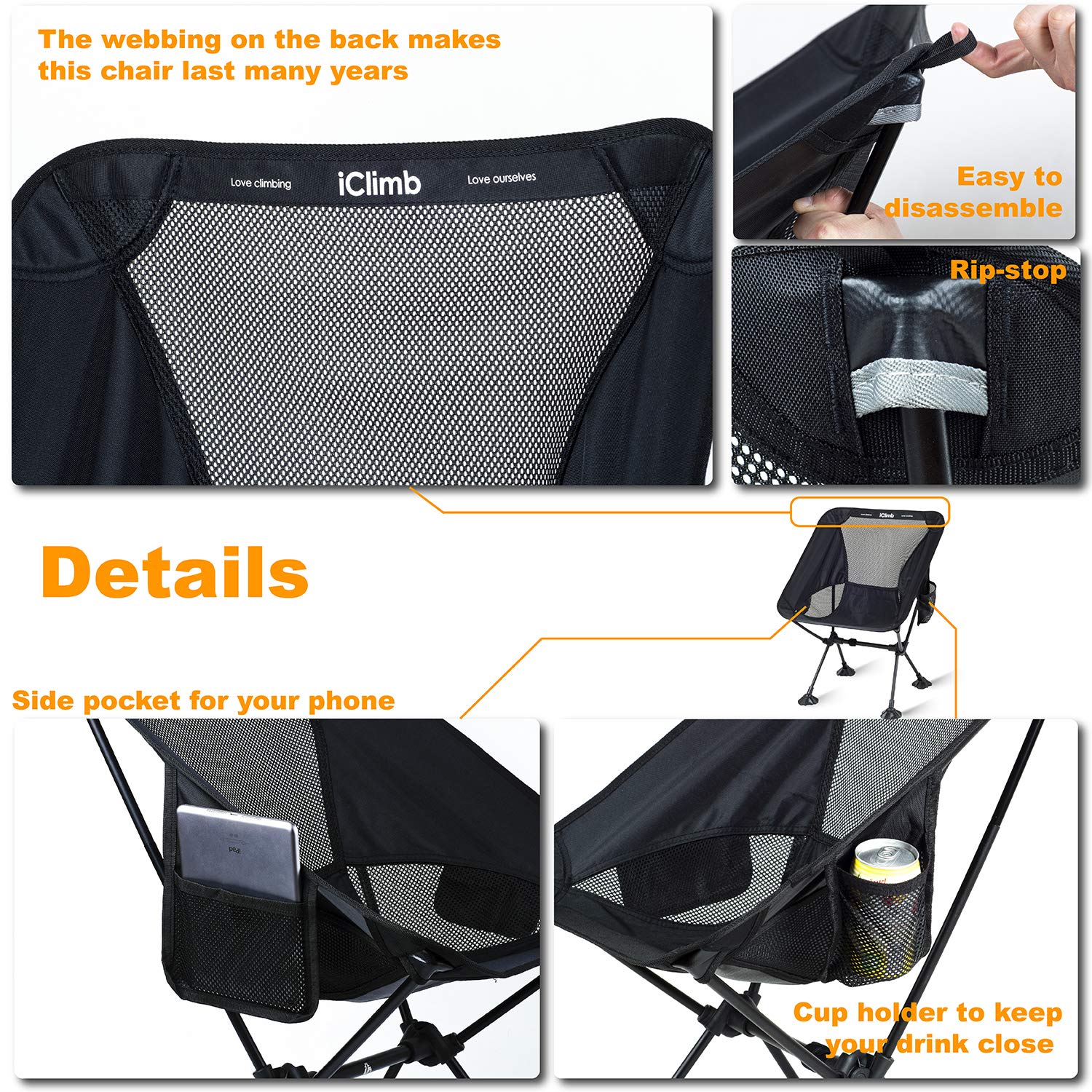 iClimb Ultralight Compact Camping Folding Beach Chair with Anti-Sinking Large Feet and Back Support Webbing (2, Black)