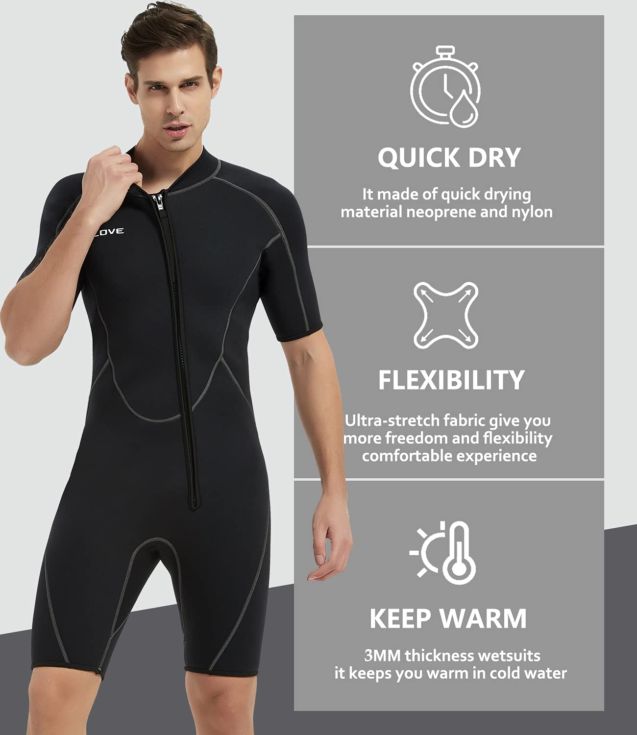 IFLOVE 3mm Shorty Wetsuit for Men Neoprene Diving Suit Front Zip Wetsuit for Diving Snorkeling Surfing, Medium