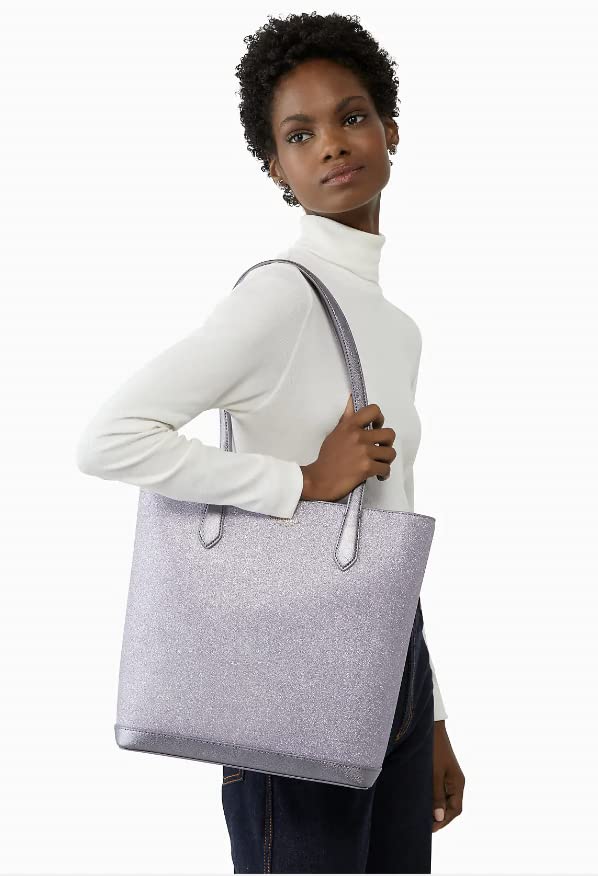 Kate Spade New York Tinsel Glitter Tote bundled with Large Continental Wallet and Fur Pom (Lilac Frost)