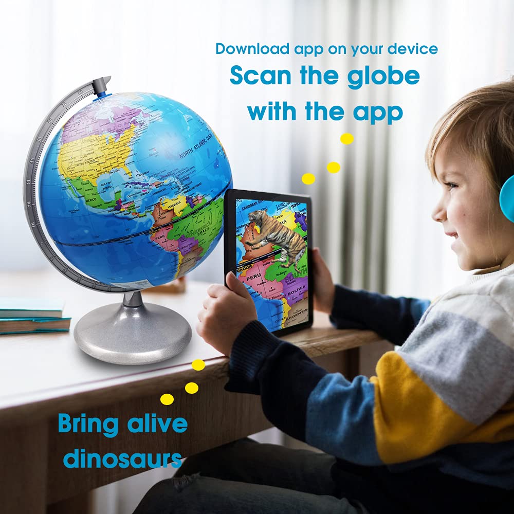 Illuminated World Globe for Kids Learning, 8 Inch Diameter Augmented Reality Interactive AR App Based World Globe for Kids Educational Toys Gift