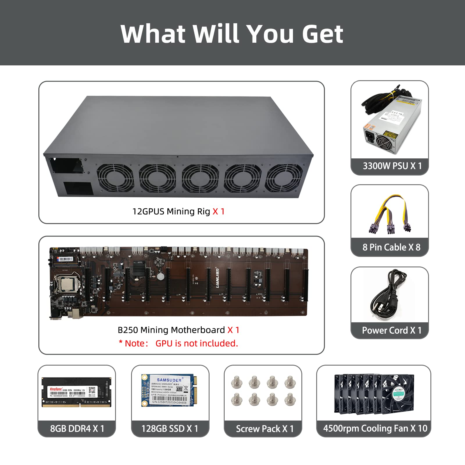 MLLIQUEA 12 GPU Slots Mining Rig, 3300W Mining Power Supply Complete Crypto Mining Frame Machine, Windows 10 & 8G DDR4 RAM Miner Motherboard for ETH with 10 Cooling Fans, PSU, CPU, RAM, SSD