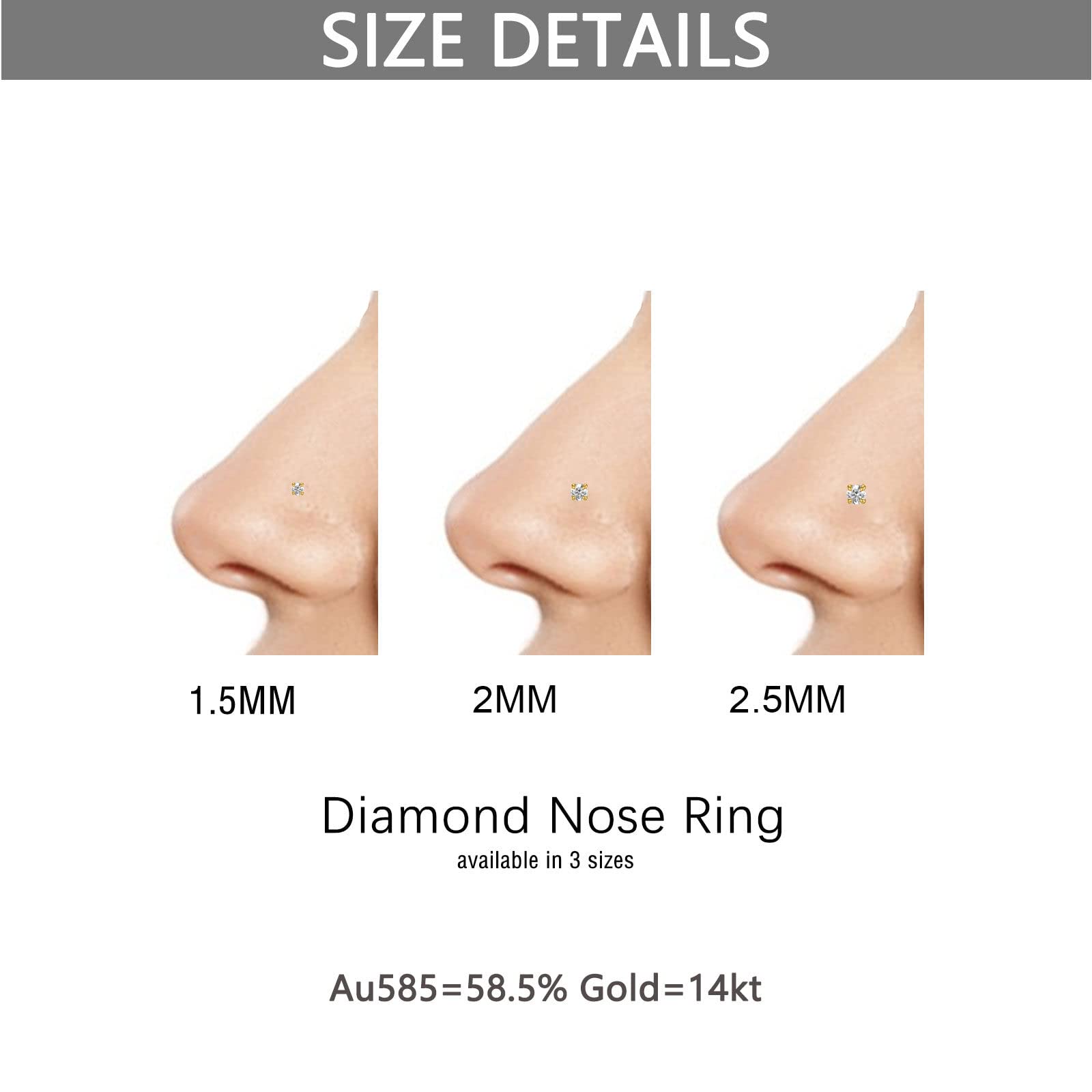 MRENITE Solid 14k Yellow Gold Genuine Diamond Nose Stud for Women 20G 2.5mm Diamond Nose Ring Twist Screw Nose Piercing Jewelry