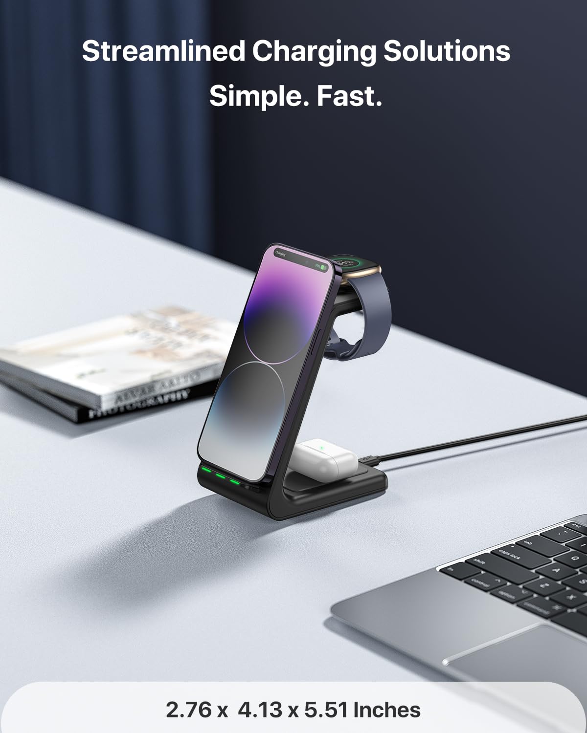 Intoval Wireless Charger for Fitbit Sense 2/Sense/Versa 4/Versa 3, 3 in 1 Wireless Charging Station for iPhones, Androids, Airpods (V3, Black)