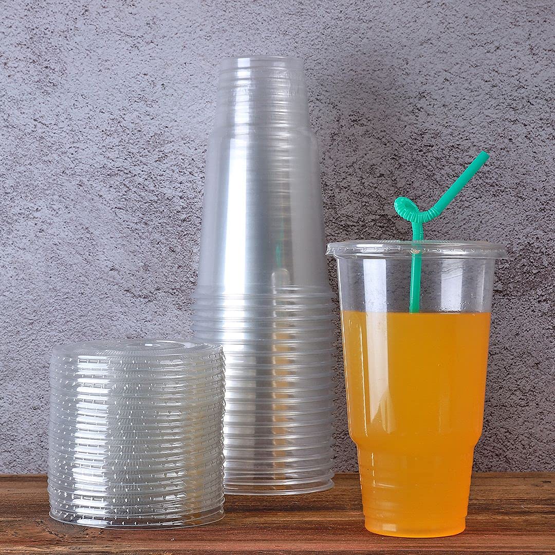 InhabitAtiveness,32 oz 50 sets clear Disposable Plastic Cups with Flat Lids Party Cup for Cold Drinks,Snack Cups,Iced Coffee Cups,Dessert Cups,Bubble Boba Cups,Tea cups,Smoothie Cups.