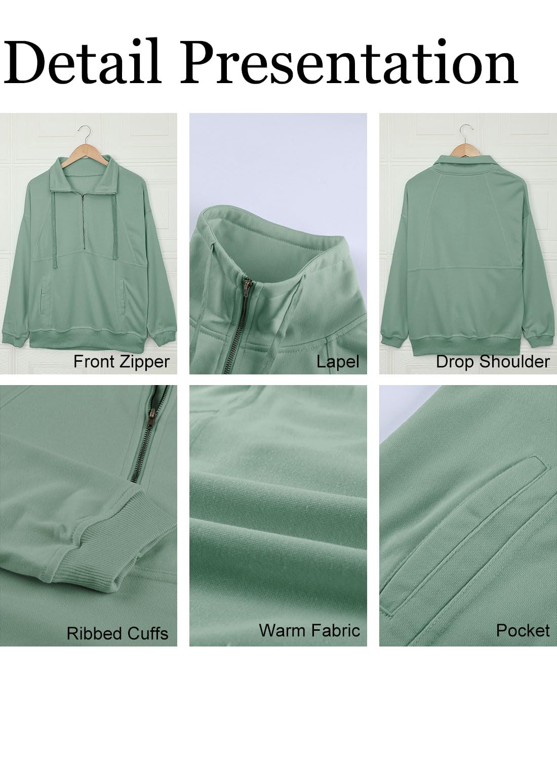 Ladmous Women's Casual Pockets Zip Up Pullover Tops Drop Shoulder Sweatshirts Loose Fit Green XL