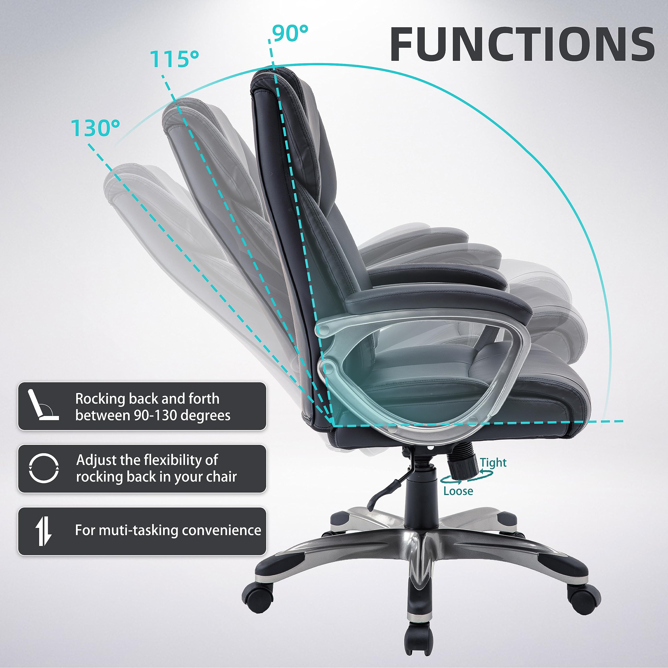 ICOMOCH Modern Soft Leather Ergonomic Executive Computer Boss Padding Armrest Swivel Desk Office Chair, Large, Black