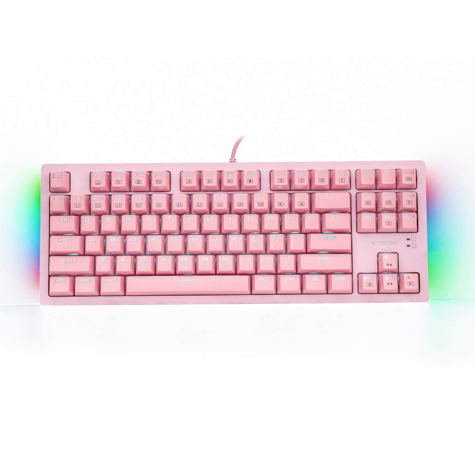 HUO JI E-Yooso K-620 Mechanical Gaming Keyboard, RGB Side Lit and LED Backlit with Blue Switches, Tenkeyless 87 Keys Anti-Ghosting for Mac, PC, Cute Pink