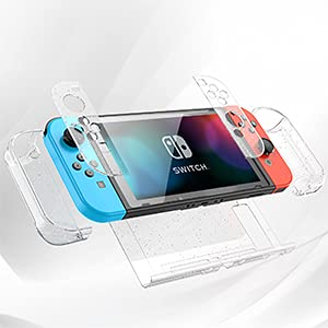 HEYSTOP Case Compatible with Nintendo Switch, Dockable Protective PC Cover Case for Nintendo Switch with Screen Protector and 4 Thumb Caps (Clear Glitter)
