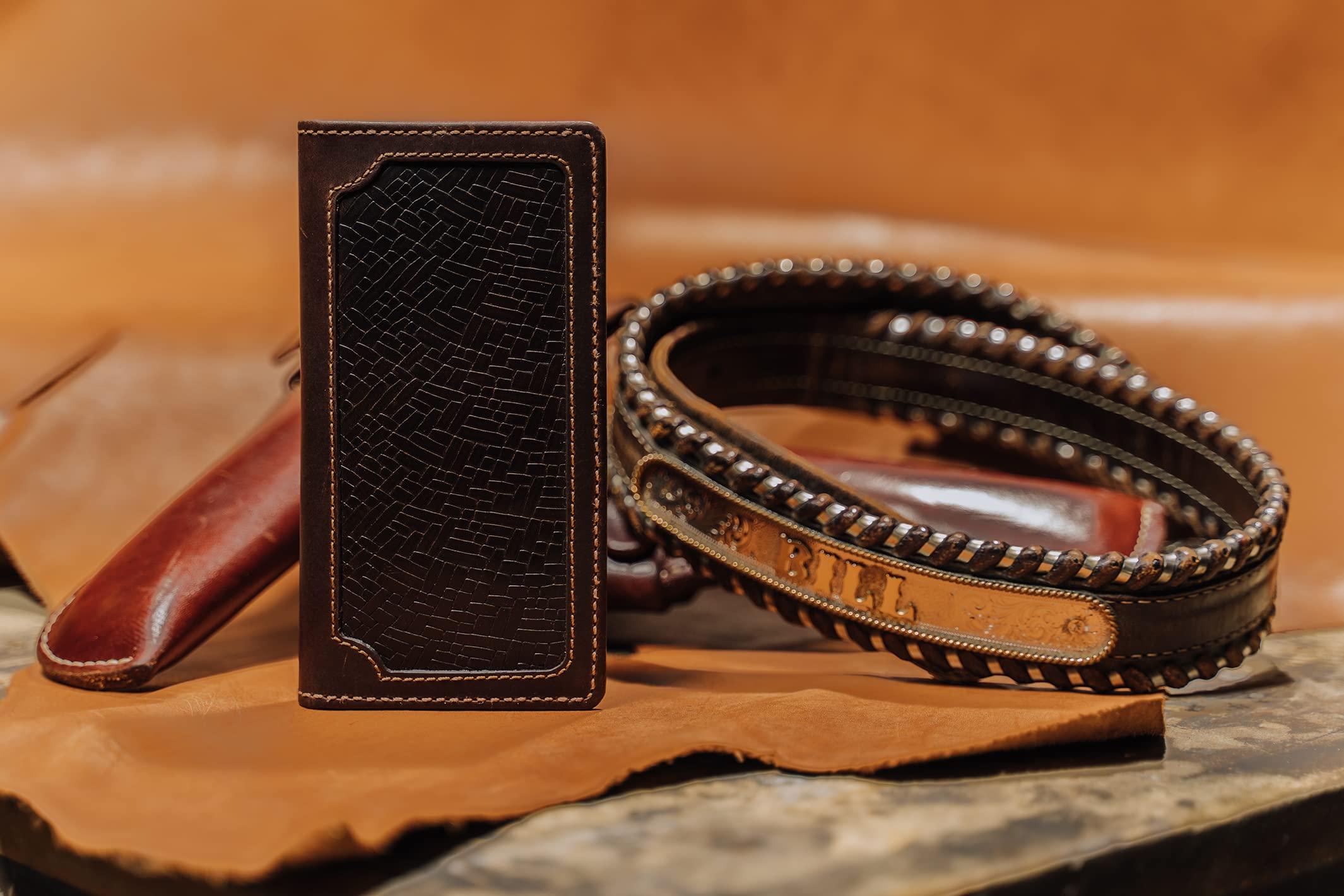HoJ Co. BOONE Mens Long Wallet | Cowboy Wallet | Basketweave Full Grain Leather Rodeo Wallet | Long Bifold Men's Wallet | Western Wallet