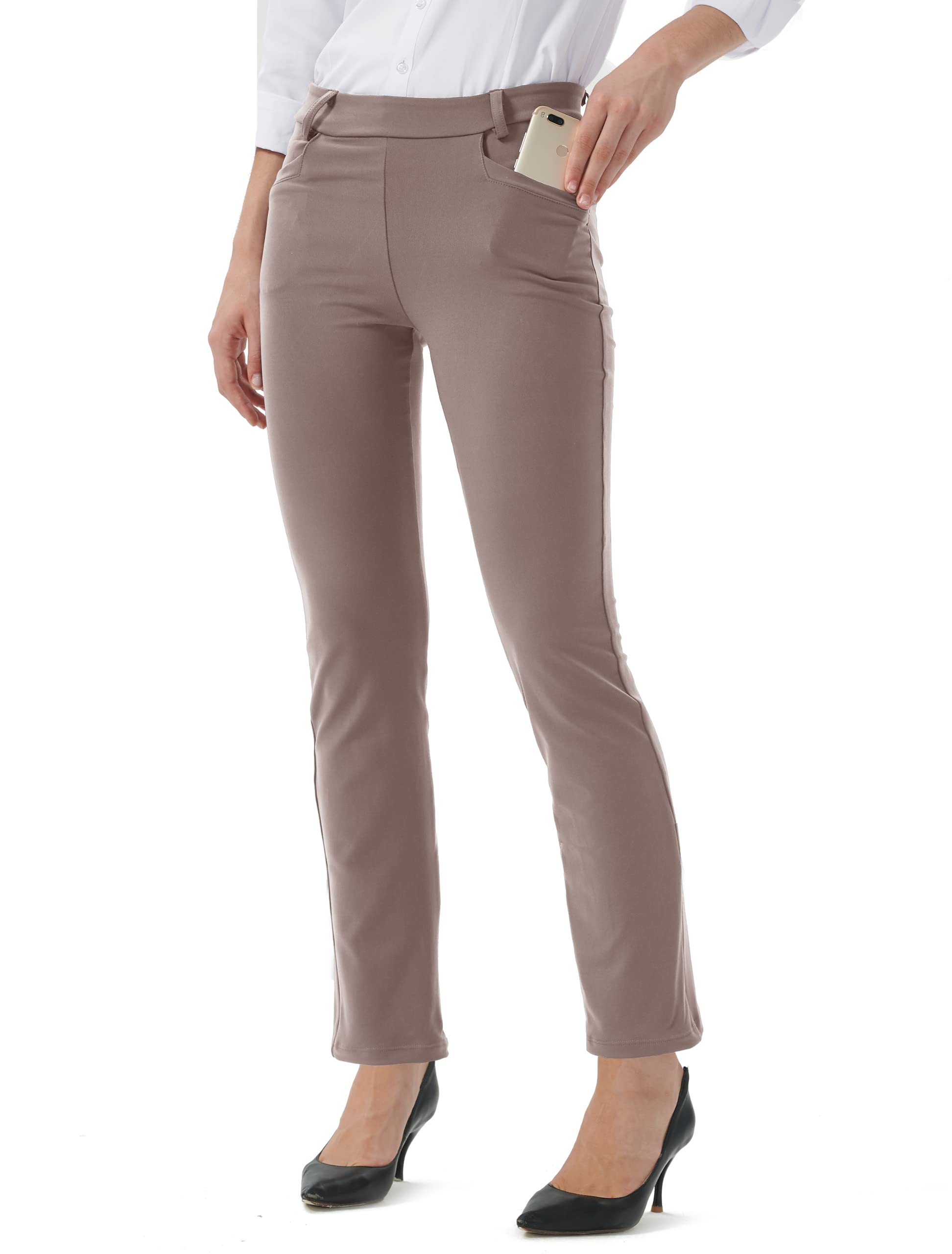Keolorn Dress Pants Bootcut Yoga Pants for Women with Pockets High Waisted Workout Pants for Women Pull on Stretch Trousers(Light Brown,L)