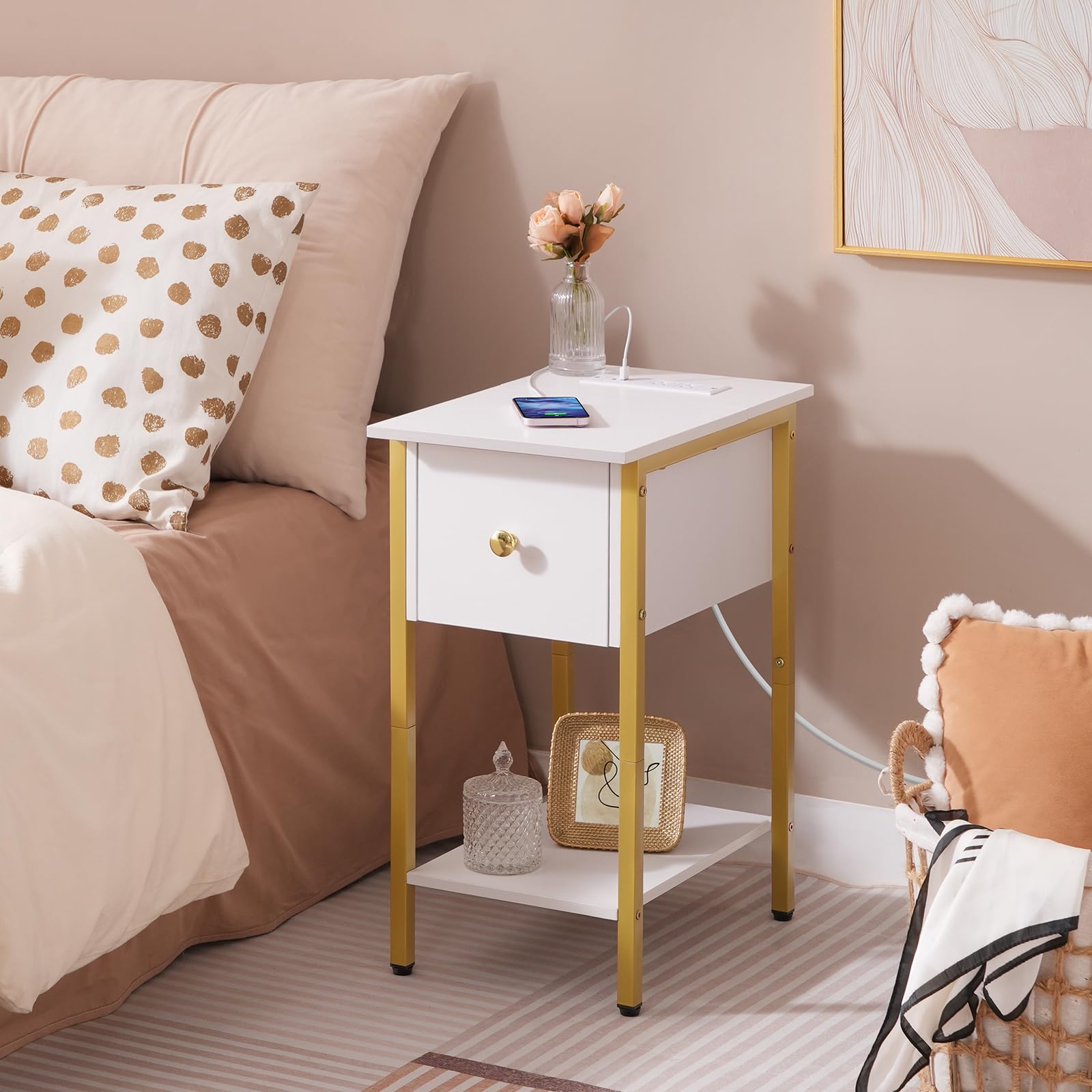 HOOBRO Side Table with Charging Station, Narrow End Table, Bedside Table, Sofa Side Table with Drawer, 2-Tier Coffee Table, Space Saving, Living Room, Bedroom, Study, Gold and White DW041UBZ01