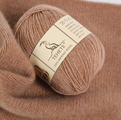 TEHETE 100% Merino Wool Yarn for Knitting 3-Ply Luxury Warm Soft Lightweight Crochet Yarn (Khaki)