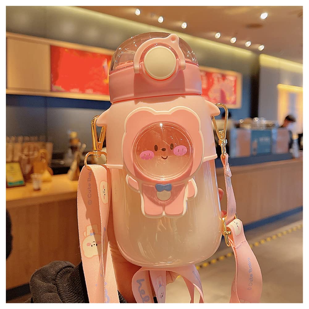 LIXERY Kawaii Bear Water Bottle with Straw and Strap Cute Water Bottle Bear Drinking Bottle Leakproof Plastic Water Jug for Girl School Sport 25oz, Pink, 3.15*3.15*7.3 Inch