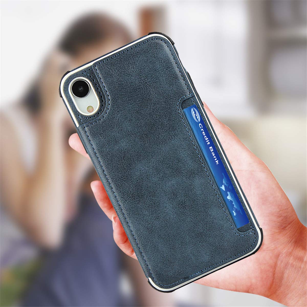 iCoverCase iPhone XR Wallet Case, iPhone XR Case with Card Slots Holder and Wrist Strap PU Leather Kickstand Double Magnetic Clasp Shockproof Cover Case for iPhone XR 6.1 Inch (Blue)