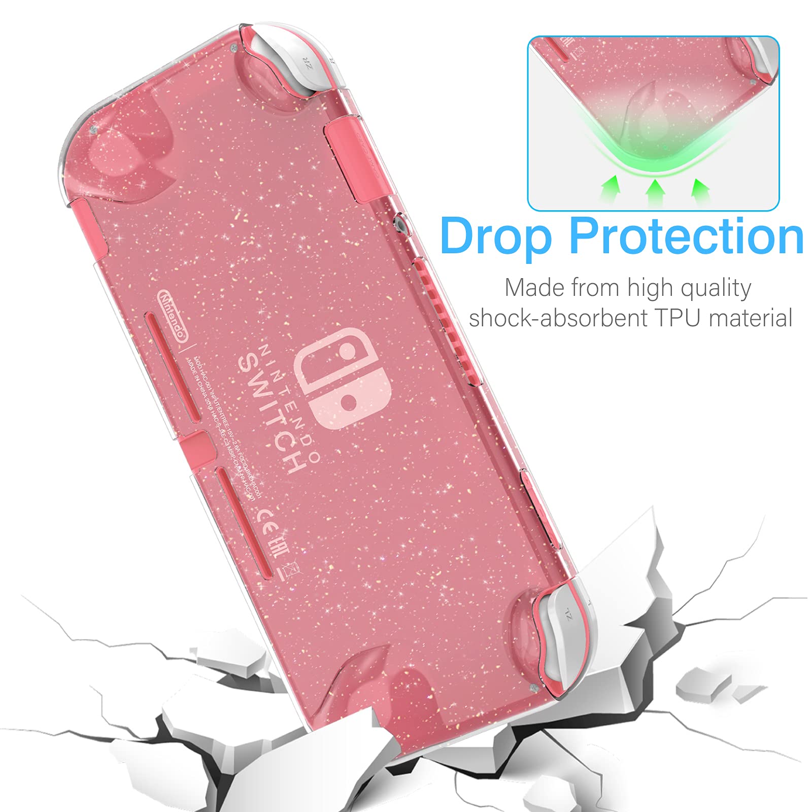 HEYSTOP Switch Lite Pink Cover Case for Girls, Glitter Bling TPU Protective Case with HD Tempered Glass Screen Protector and Thumb Grips with Shock-Absorption/Anti-Scratch Design - Glitter Bling