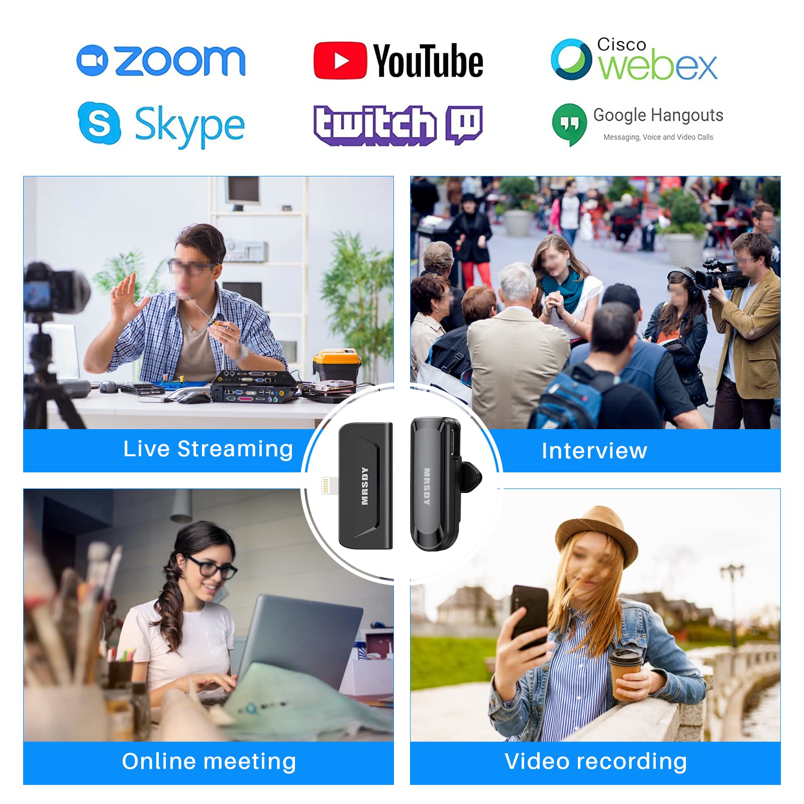 MRSDY 2 Pack Wireless Lavalier Microphone for iPhone iPad, Plug and Play Wireless Lapel Mini Mic with Noise Reduction, for Recording, Streaming, Interview, Video, Podcast, Vlog
