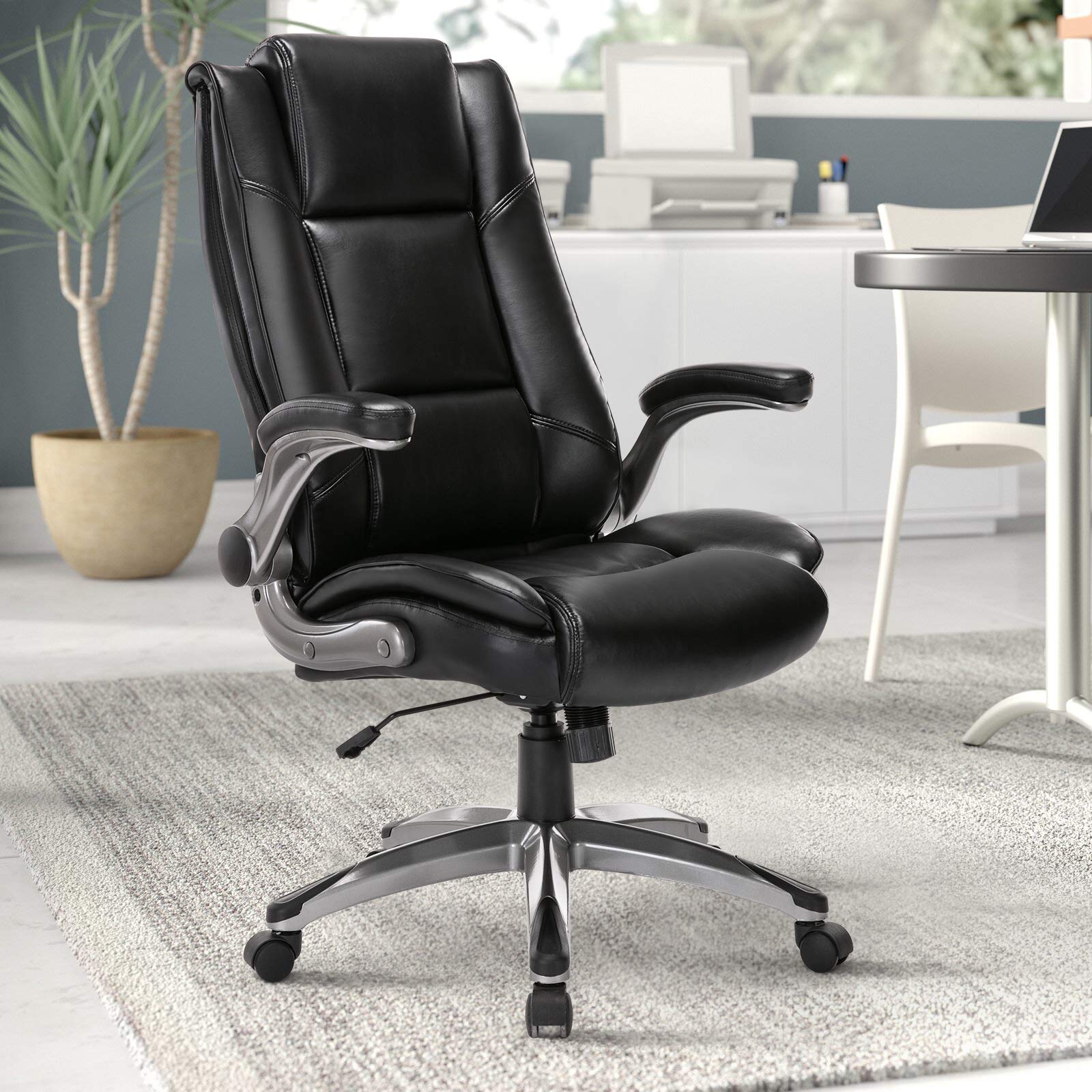 High Back Office Chair - Adjustable Flip-Up Arms Ergonomic Bonded Leather Computer Desk Executive Chair, Double Padded Backrest Seat Cushion & 360 Degree Rotation for Office Workers & Student