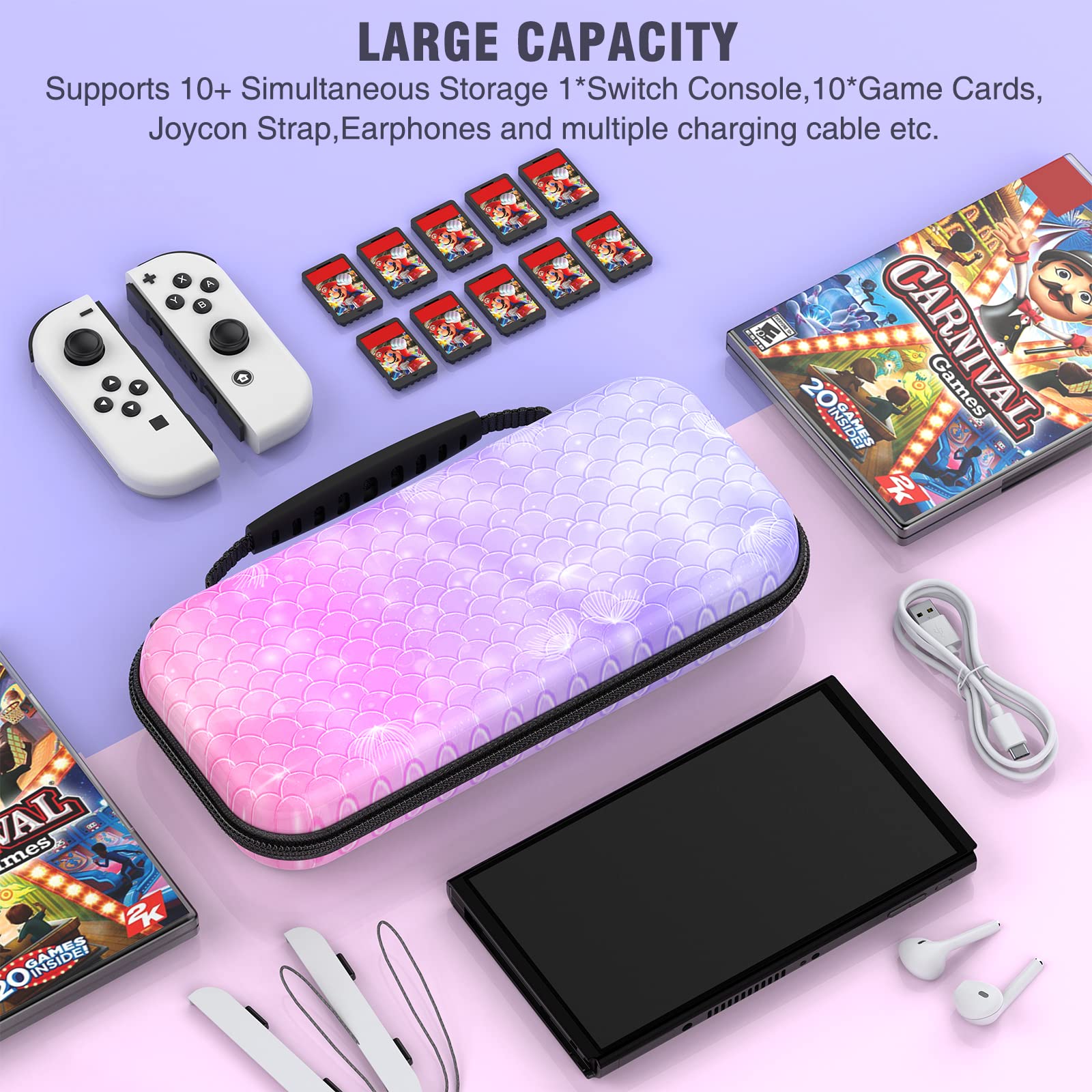 Larstylee Switch Carrying Case for Nintendo OLED New Model, Switch Protective Case with Game Card Storage for Nintendo Switch Console & Accessories