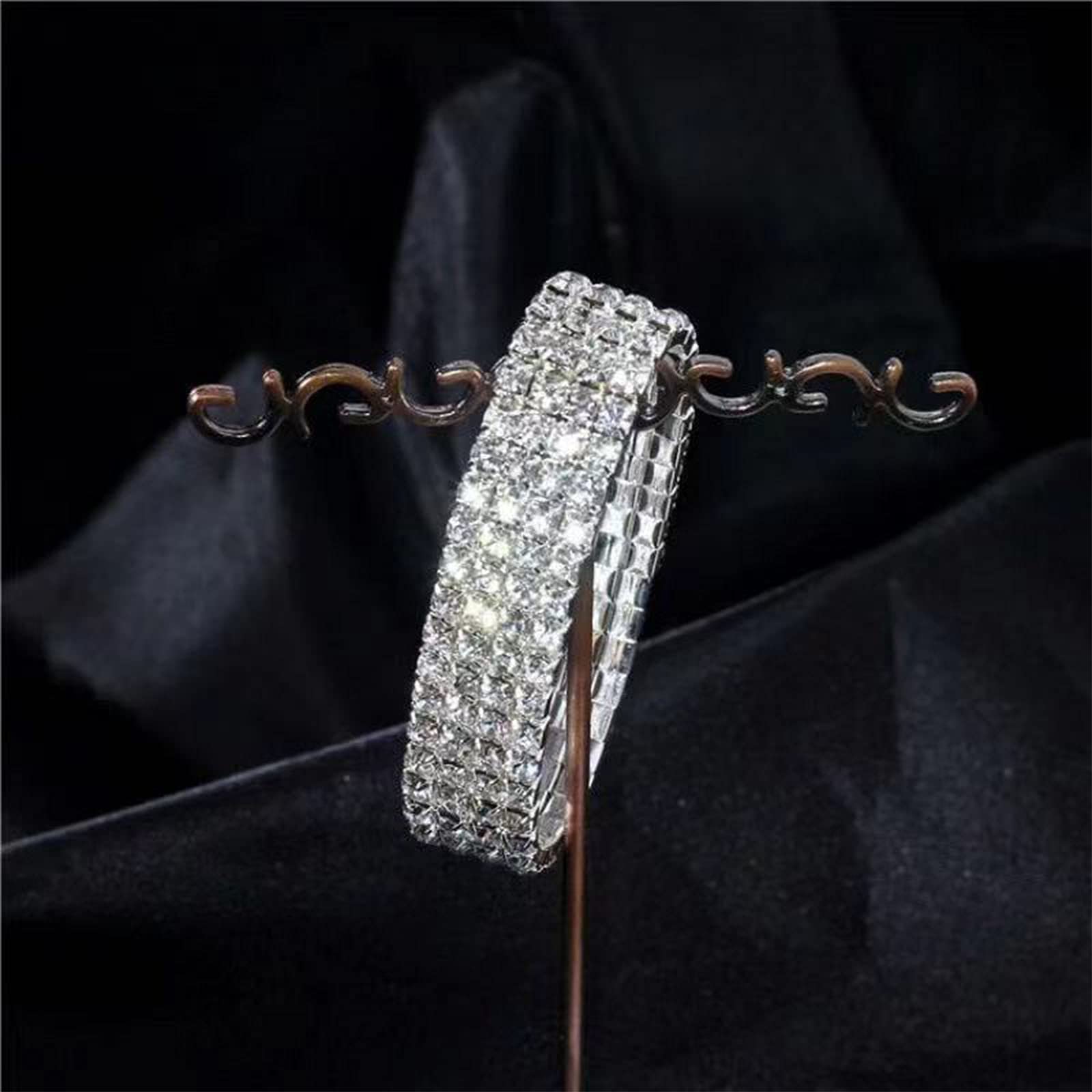 HLIN Rhinestone Bracelet for Women 5Pcs Strand Stretch Silver-tone Sparkling Bridal Tennis Bangle