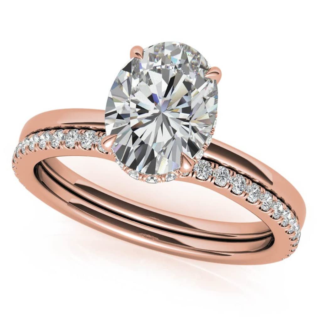 Moissanite Solitaire Engagement Ring Set 2 CT Oval Cut Moissanite Bridal Wedding Ring Set for Women Handmade VVS Colorless (14K Solid Rose Gold)