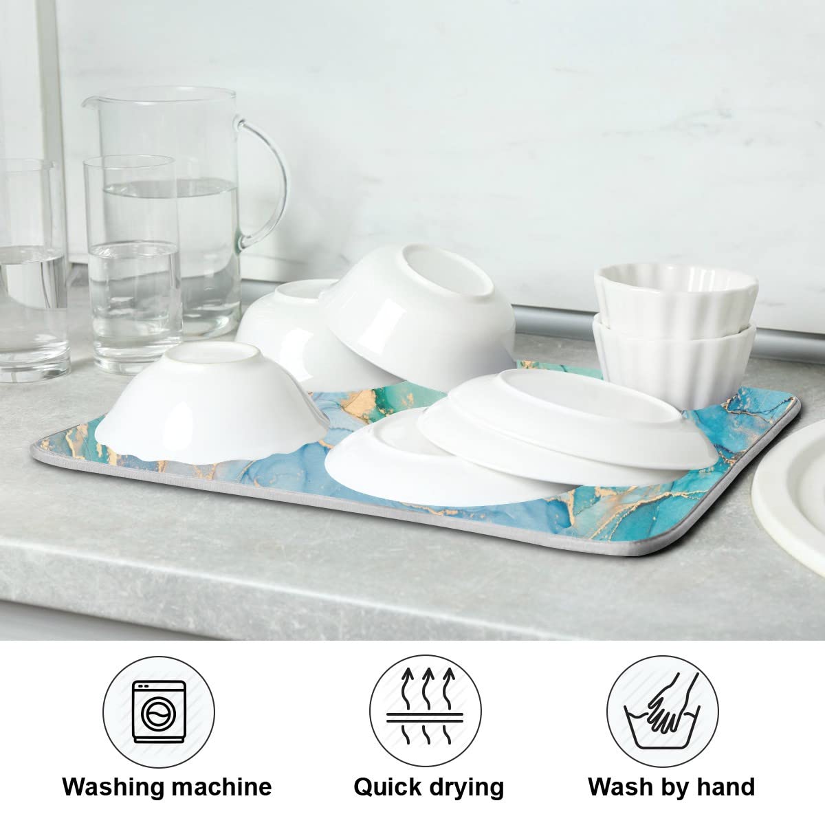 Marble Dish Drying Mat for Kitchen Counter Blue Teal Turquoise Gold Drying Mat 18 x 24 Inch with High Absorbent Reversible Microfiber Dish Drying Pad Dish Rack Pad Drainer Mat for Coffee Bar