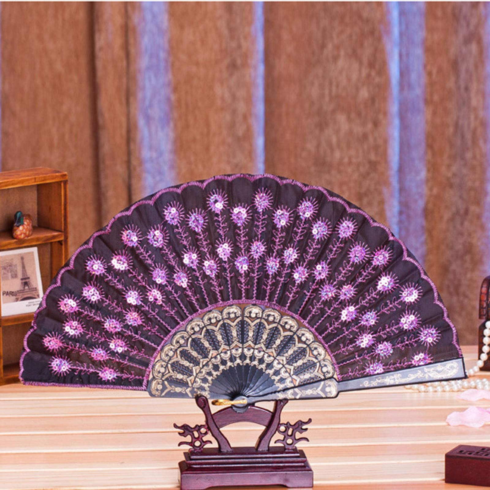 IADZ Folding Fan,Decorative Fan Peacock Pattern Folding Hand Held Fan Embroidered Sequin Party Wedding PromDecorative Fans