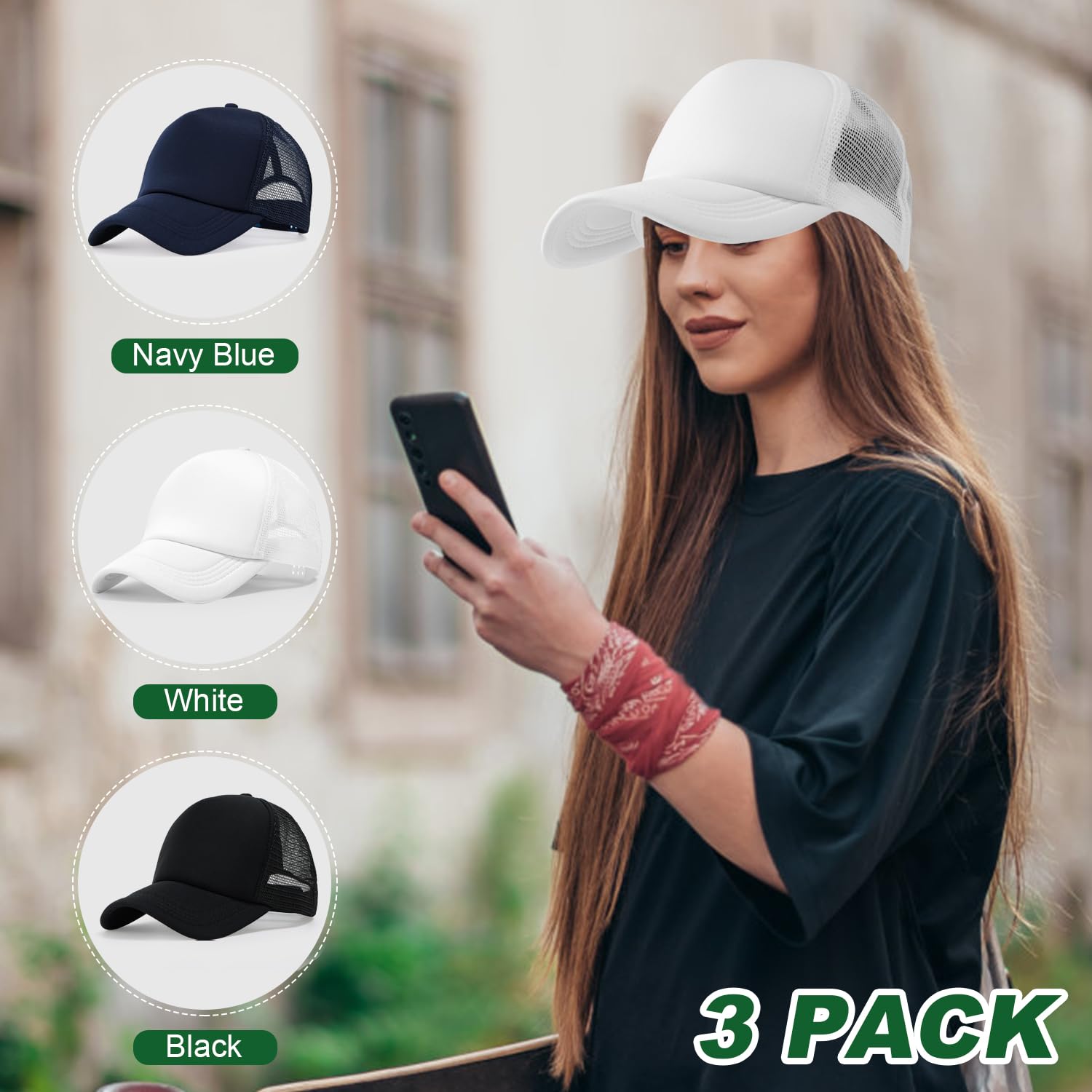 MEINICY Foam Trucker Hat for Men Women 5 Panel Plain Front Mesh Back Cap Snapback Baseball Cap Classic Trucker Hat Black+White+Navy Blue