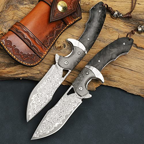 Minowe Handmade Damascus Steel Folding Knife with leather case,3.8in VG10 steel core blade,Steel ball bearings+Carbon Fiber handle,Tactical pocket knife Hiking carry EDC Knife