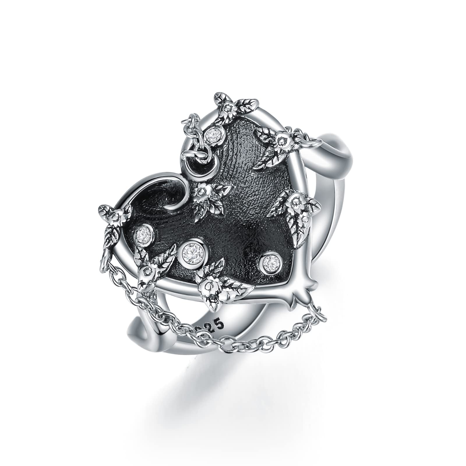 MONGAS Witch Heart Ring 925 Sterling Silver Gothic Jewelry Goth Halloween Gifts for Women