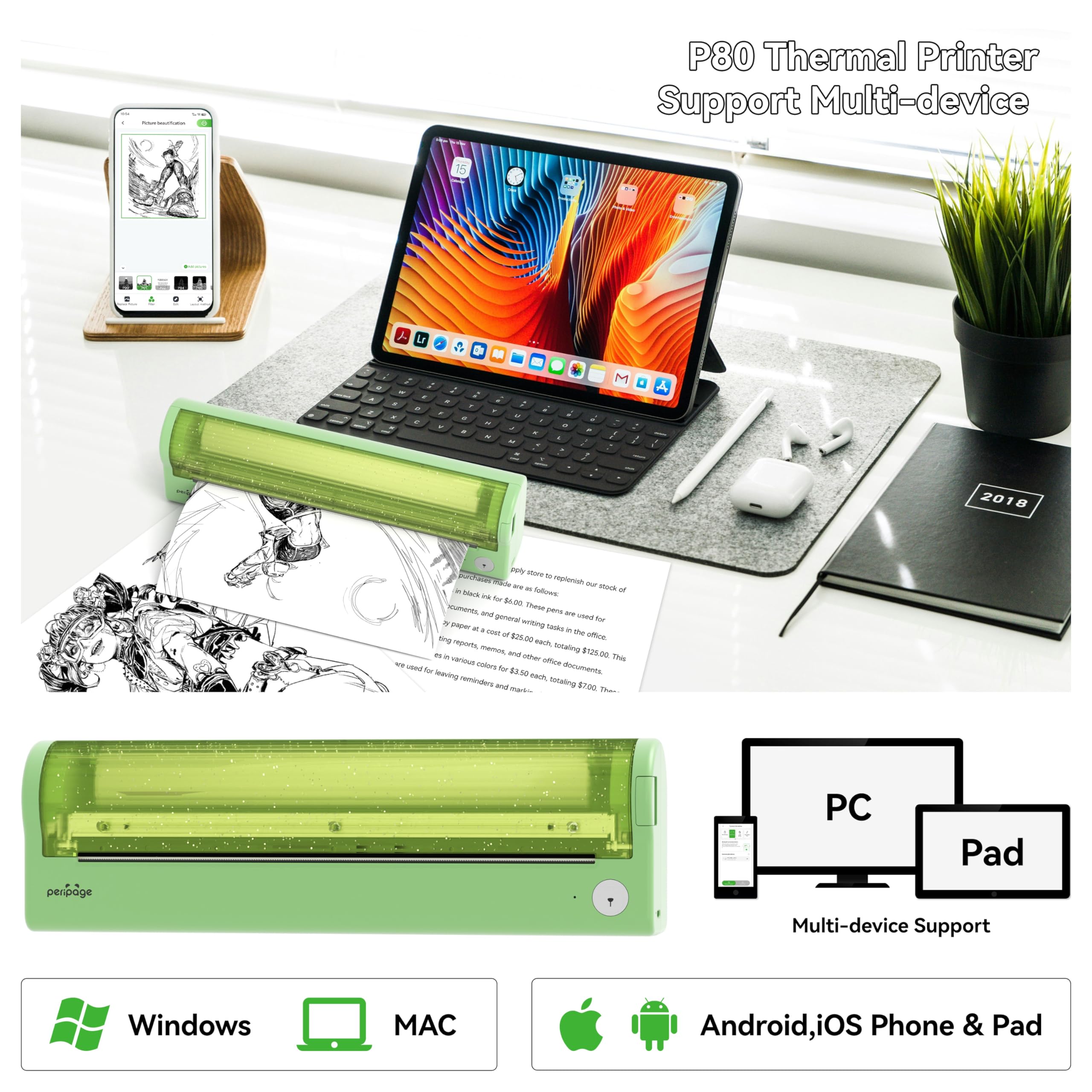 PeriPage P80 Portable Printer,Thermal Wireless Bluetooth Printer Support 8.5" X 11" US Letter & Legal,A4 Thermal Paper, Inkless Printer Compatible with iOS, Android Phone,Laptops (Green 203dpi)
