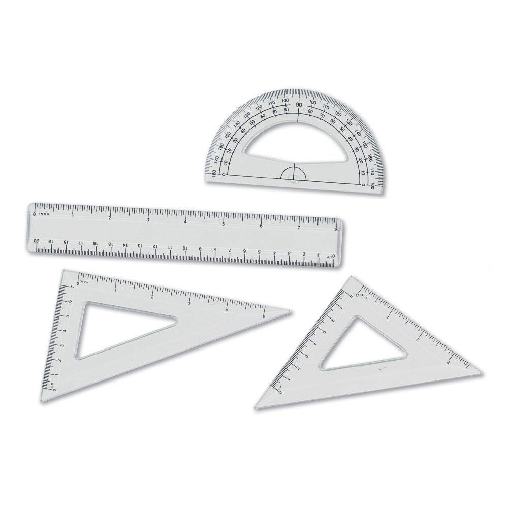 hand2mind Clear Plastic 4 Pcs Geometry Kit Includes Protractor, 2 Triangle Rulers, and 8-Inch Ruler, Geometry Set for Kids, Homeschool Supplies, Student Math Supplies (Set of 4)