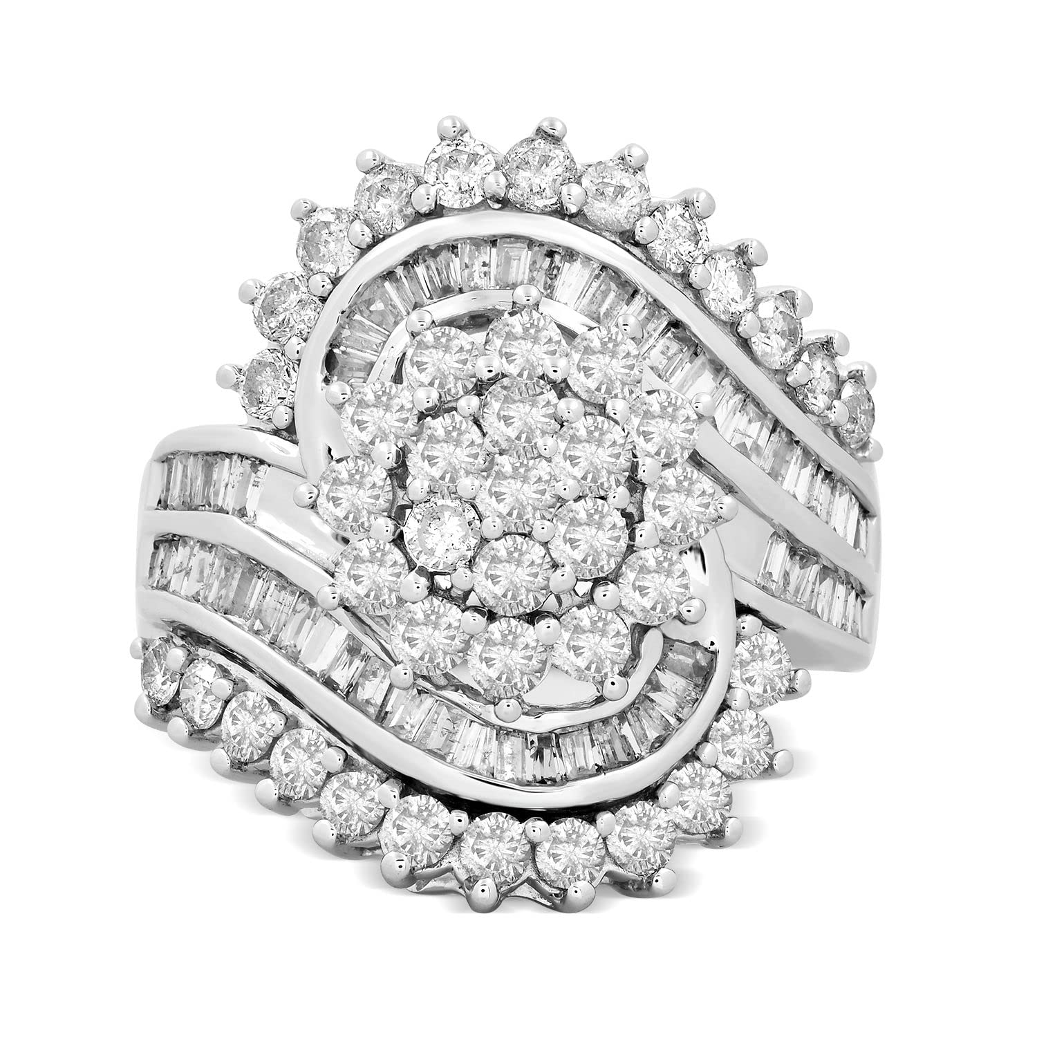 Jewelili 10K White Gold 2 Cttw Natural White Baguette and Round Diamond Cluster Ring, Size 9