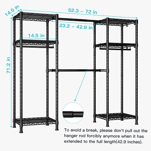Ulif E7 Heavy Duty Garment Rack, Freestanding Clothes Organizer and Storage Rack with Expandable Hangers Rods, Metal Portable Closets with 6 Wire Shelves, (52.3”-72”)W x 14.5”D x 71.2”H, Load 740 LBS
