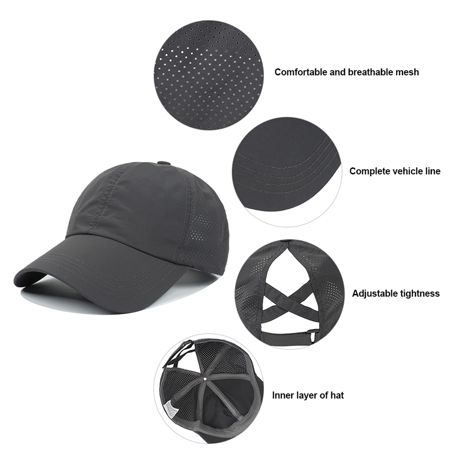 HGGE 2 Pack Womens Criss Cross Ponytail Baseball Cap Adjustable High Messy Bun Ponycap Quick Drying Dad Hat for Outdoor Sports Travel Black & White