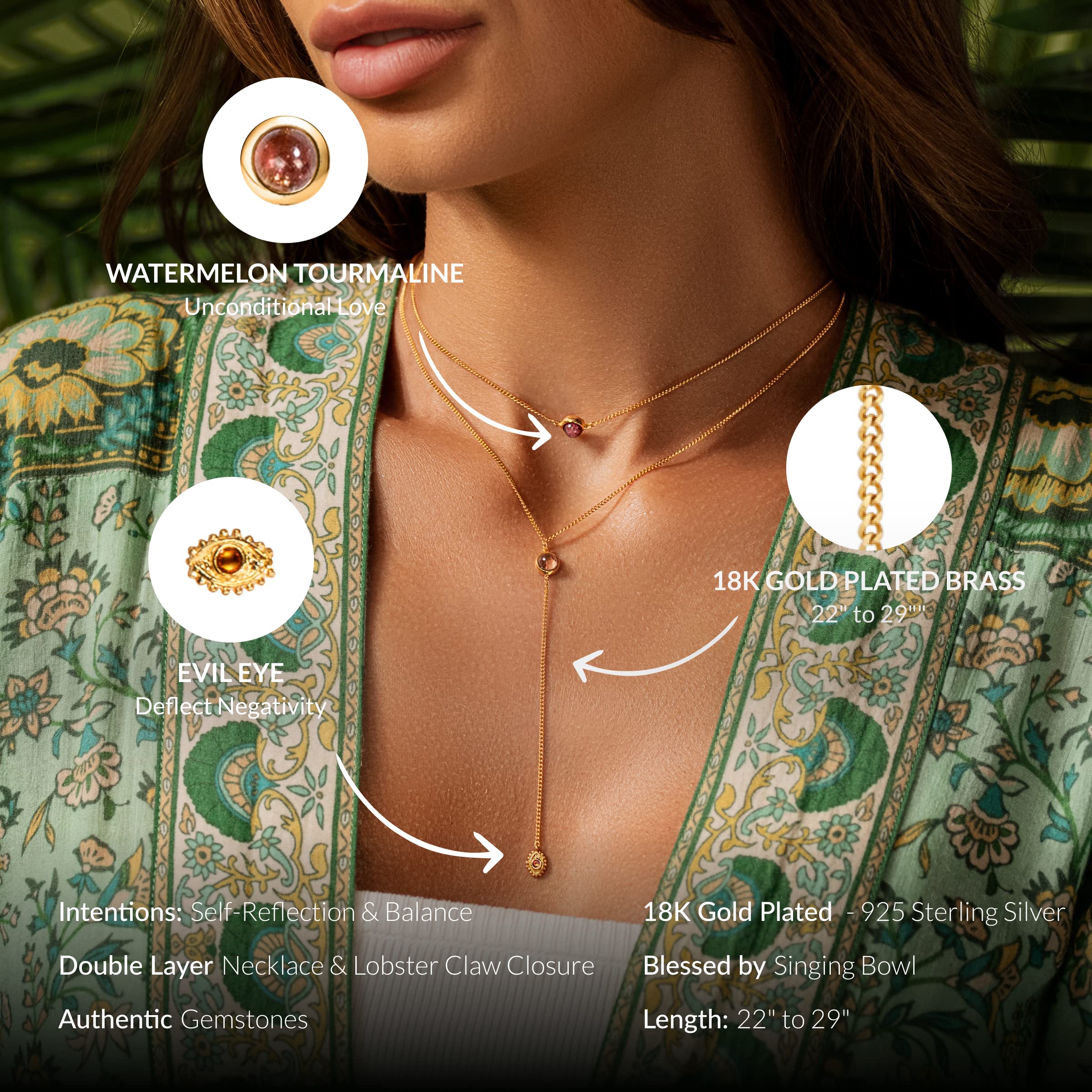 KARMA AND LUCK - Intuitive Strength - Women's Evil Eye Reflect Negativity Real Watermelon Tourmaline Stone 18K Gold Plated Double Layer Necklace Handmade in Bali