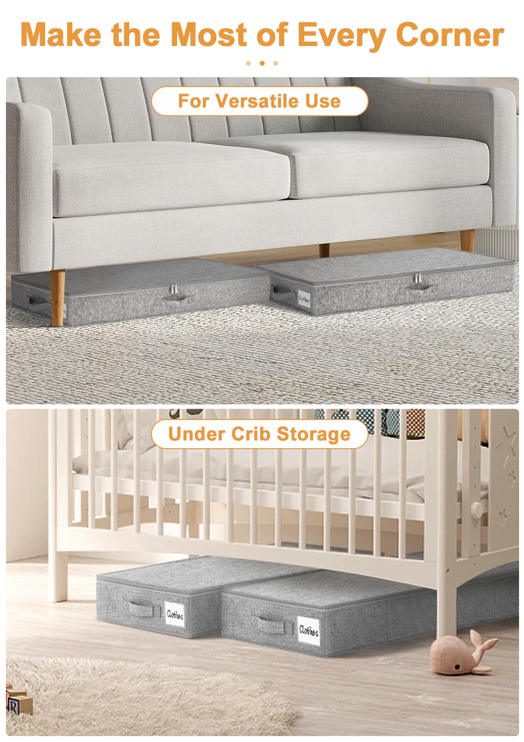 punemi Under Bed Storage Containers, 2 Pack 4.5 Inch Tall Low Profile Underbed Clothes Storage Organizer Bin with Sturdy Side & Bottom Support, Use as Clothes Organizer, Pillow and Blanket Organizer