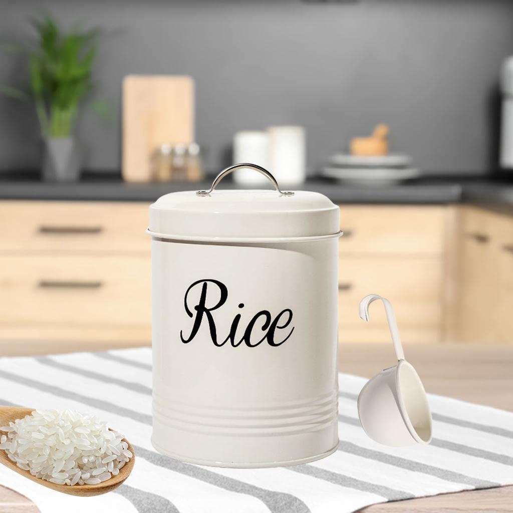 LOVIVER Rustic White Metal Vintage Food Rice Storage Tin Canister Box 3L Container