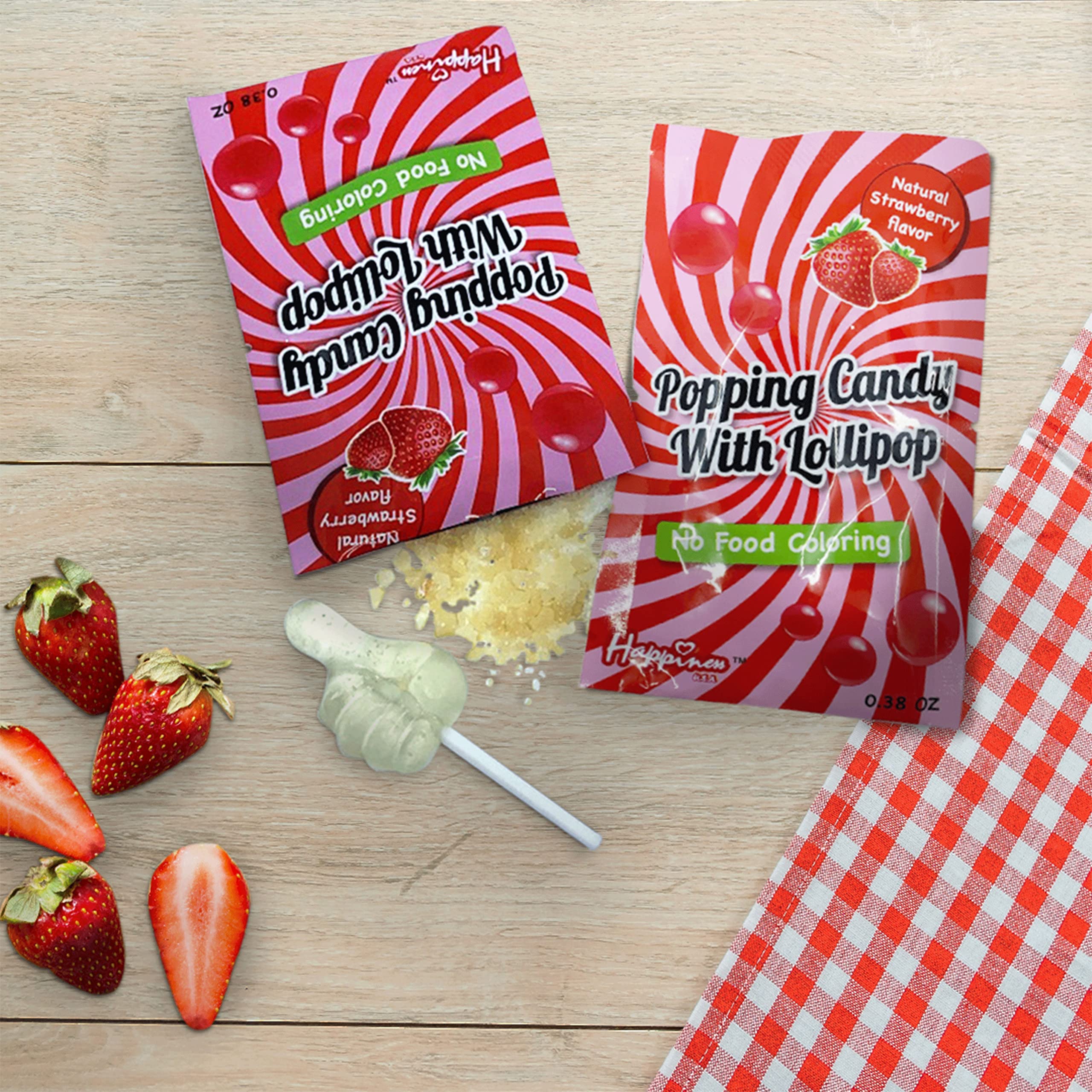 Happiness USA 50 PCS Popping Candy with Fun Dip Lollipop - All Natural No Artificial Colors or Flavors Pop Rocks Candy | Individually Wrapped Kosher Pareve Candy Pop | Non Dairy Pop Rocks Strawberry