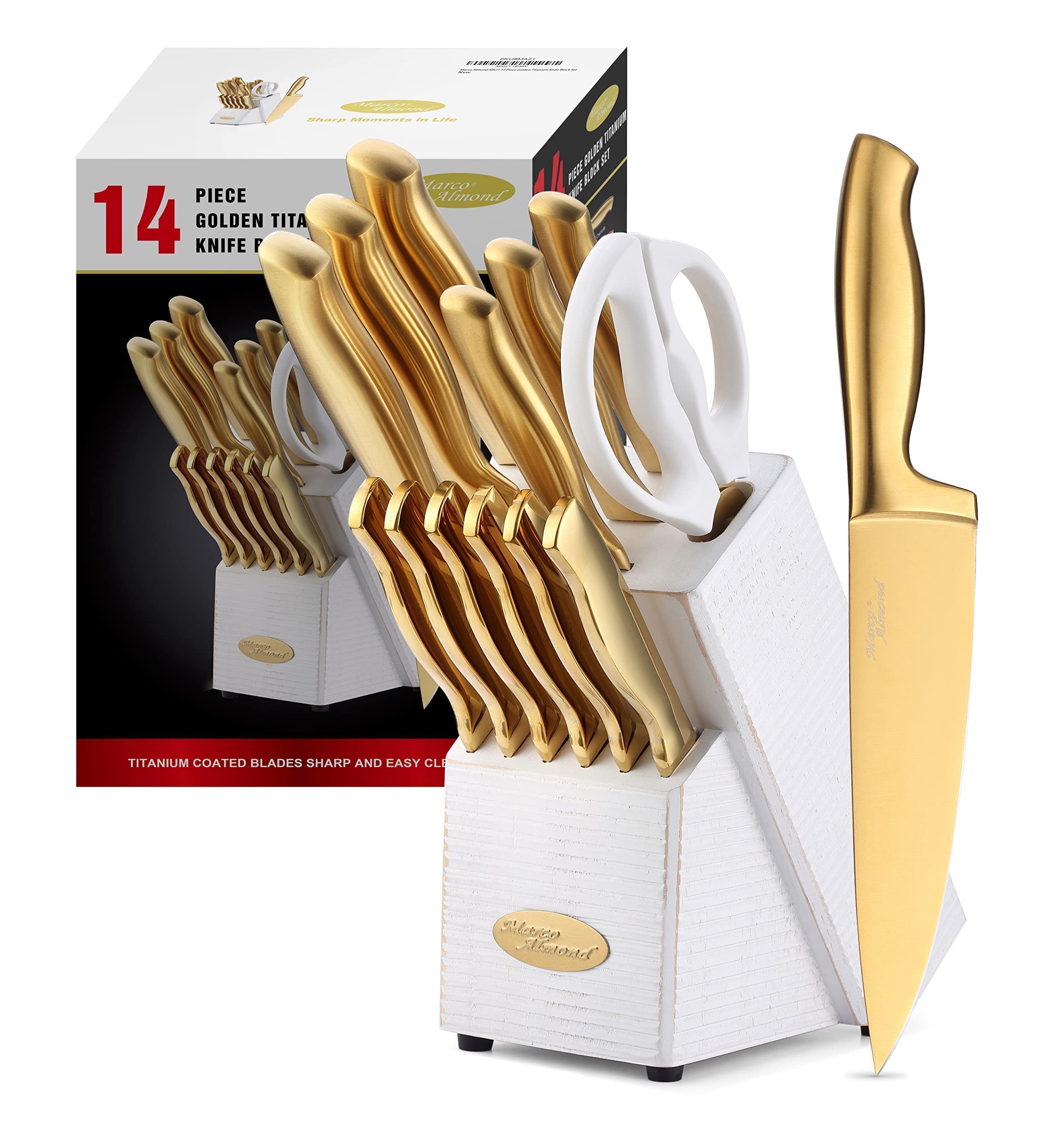 Marco Almond MA21 Golden Titanium Knives Block Set + KYA53 Titanium Box Grater Set