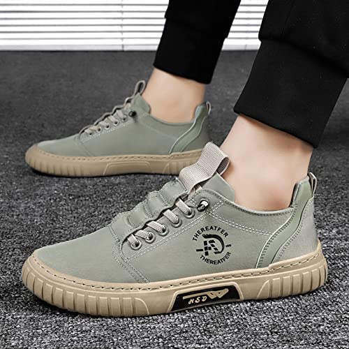 Men Low Top Breathable Casual Walking Shoes Canvas Real Leather Men Army Green
