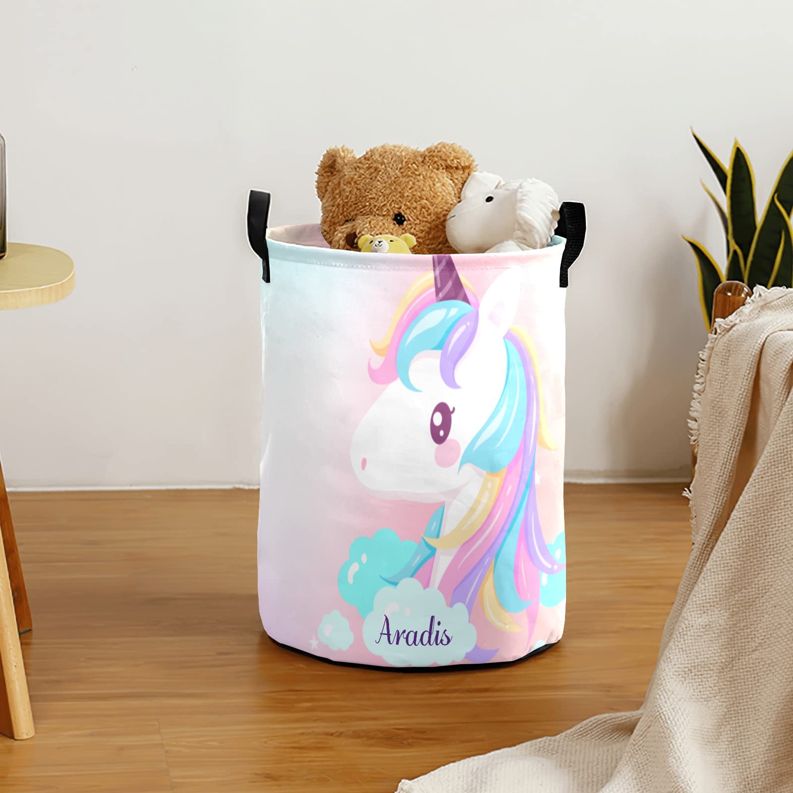 Rainbow Unicorn Personalized Laundry Hamper,Custom Name Collapsible Waterproof Laundry Basket Storage Bins with Handle for Clothes,Toy,Nursery