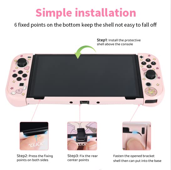 LASTYAL Anime Girl Protective Shell Compatible with Nintendo Switch OLED Model, Cute Pink Case for Switch OLED Console and Joycon Controller with Screen Protector and 4 Thumb Grip Caps